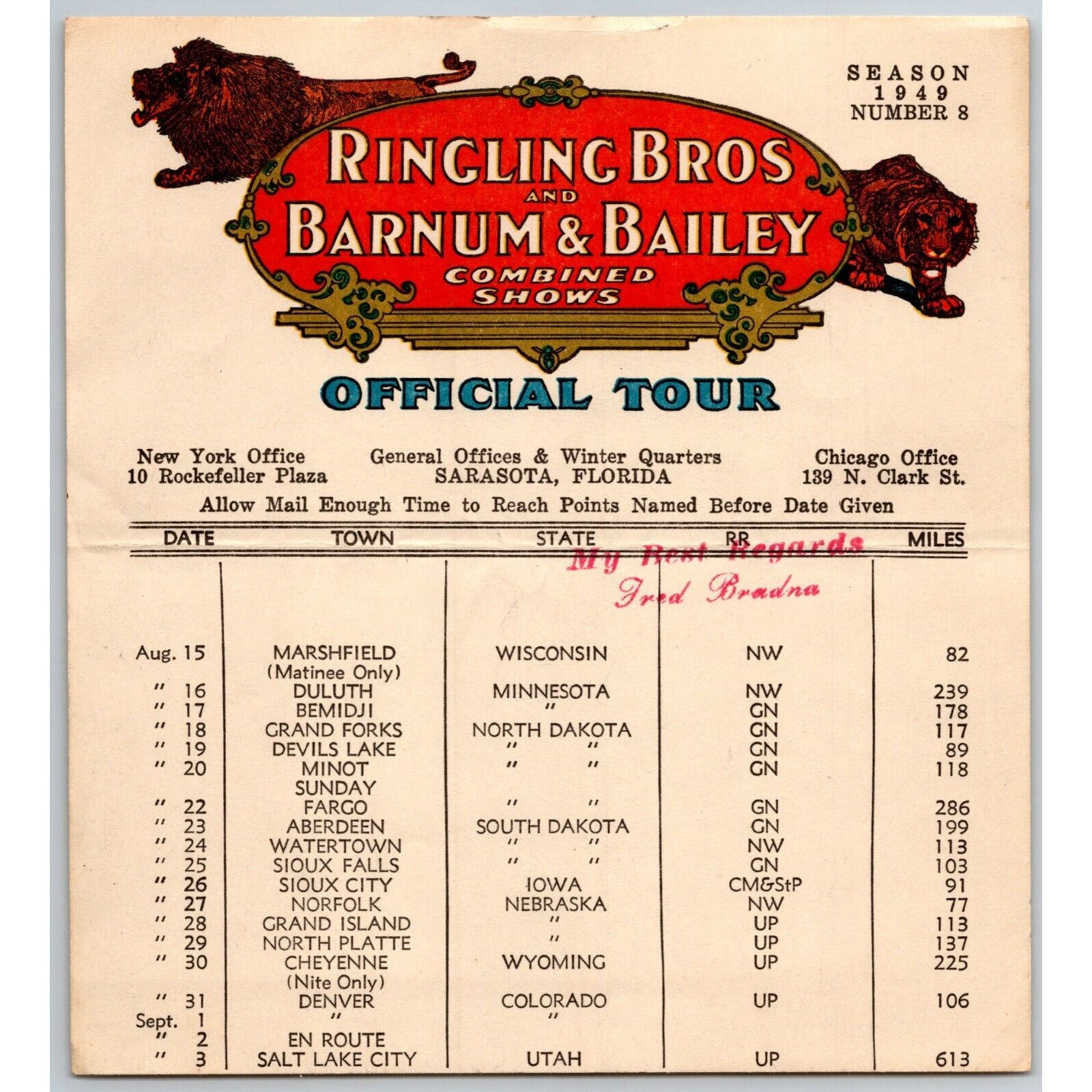 1949 Ringling Bros Barnum Bailey Circus Route Card Grand Forks Fargo D ...