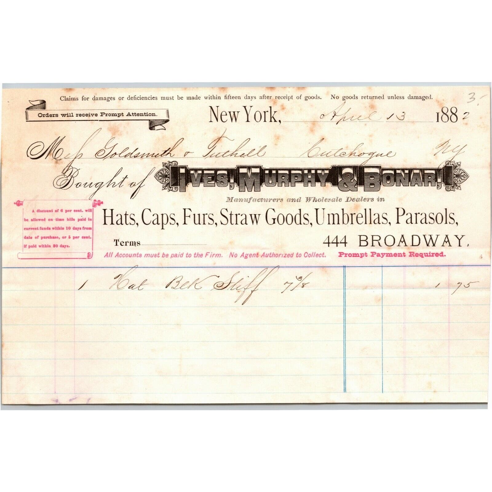 NY, NY Broadway1882 Letterhead Billhead Ives, Murphy& Bonar Hats Cats ...