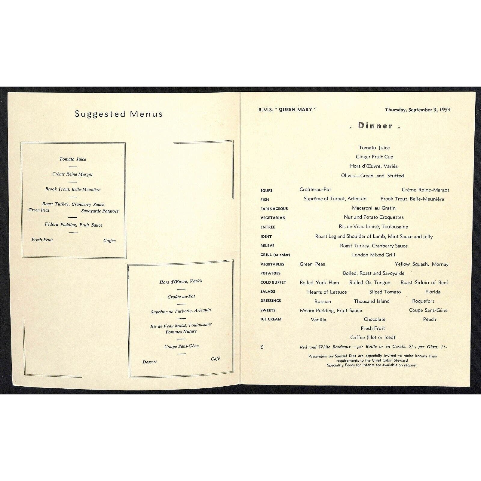 Vintage 1954 Cunard Cruise Line Queen Mary Dinner Menu Sept 9 Sea Life ...