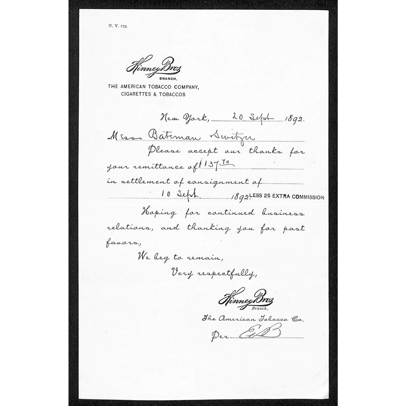 American Tobacco Company Kinney Bros. 1892 Switzer Payment Remittance ...
