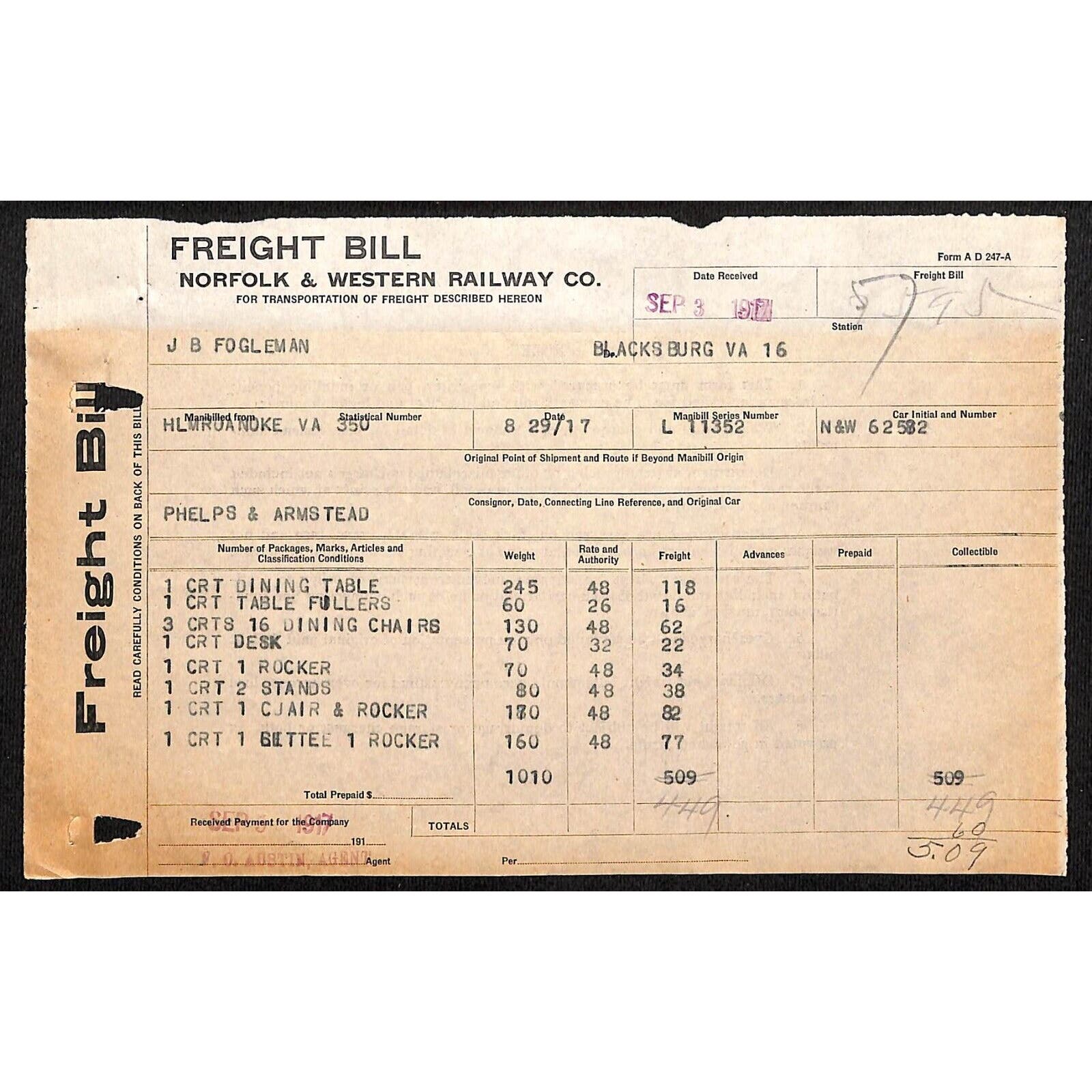 Norfolk & Western Railway 1917 Freight Bill 1,100 lbs. for $5.09 ...